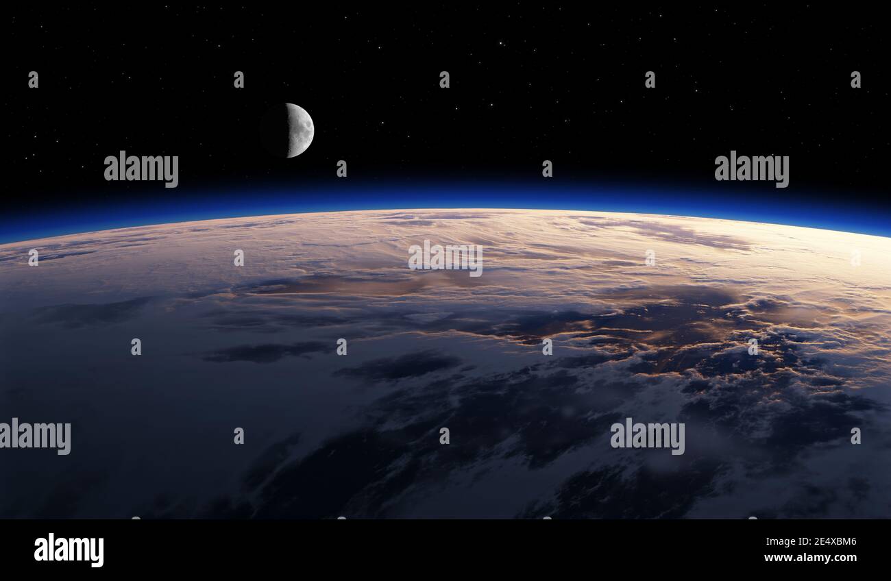 Earth with moon from space, sunset or sunrise. Astronomy background. 3d ...