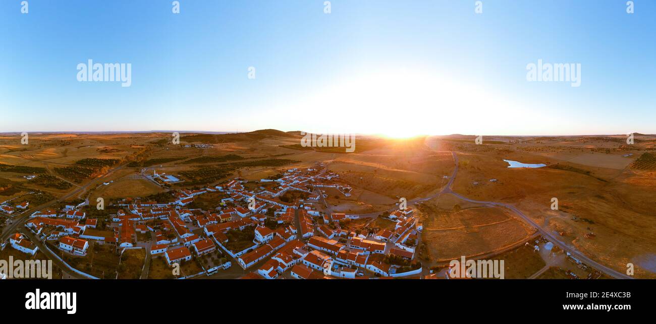 Aerial view of a landscape with village in Alentejo at the sunset ...