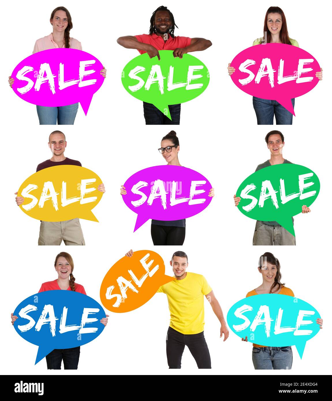 Sale shopping retail group of young people with speech bubbles isolated ...