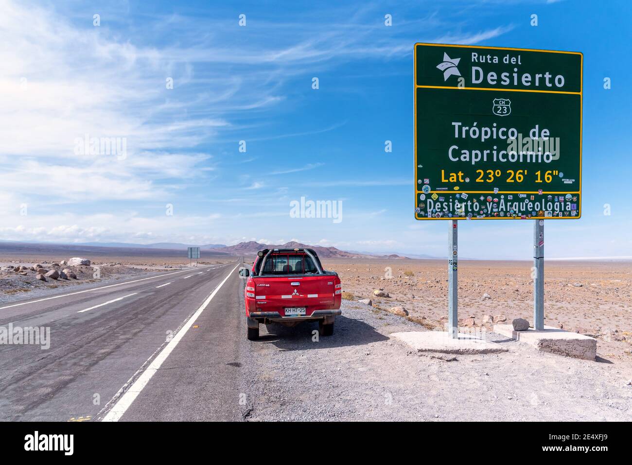 Atacama, Chile - February 16 2020: Red pickup truck parked on roadside ...