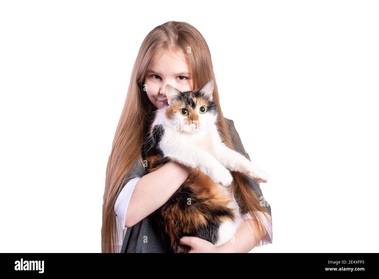 Schoolgirl with a cat. Isolated on white background. High quality photo ...