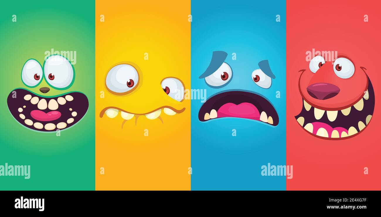 Cartoon monster faces set. Vector collection of four Halloween monster ...