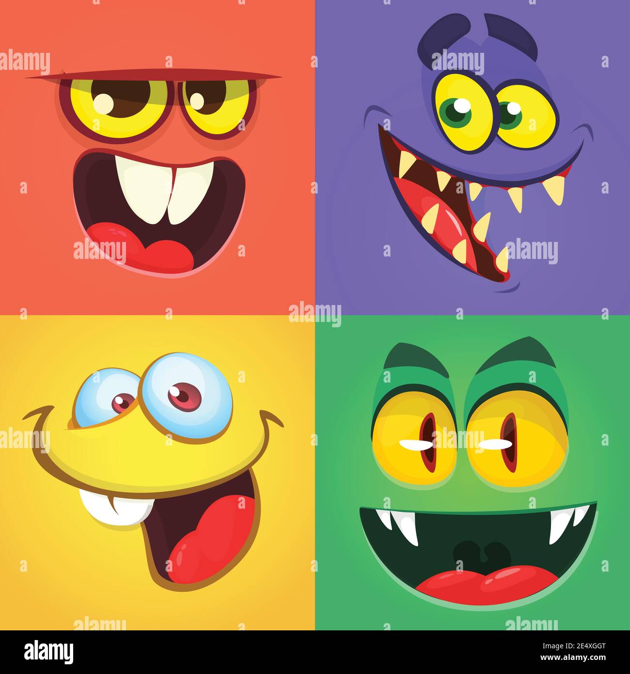 Cartoon monster faces set. Vector collection of four Halloween monster ...