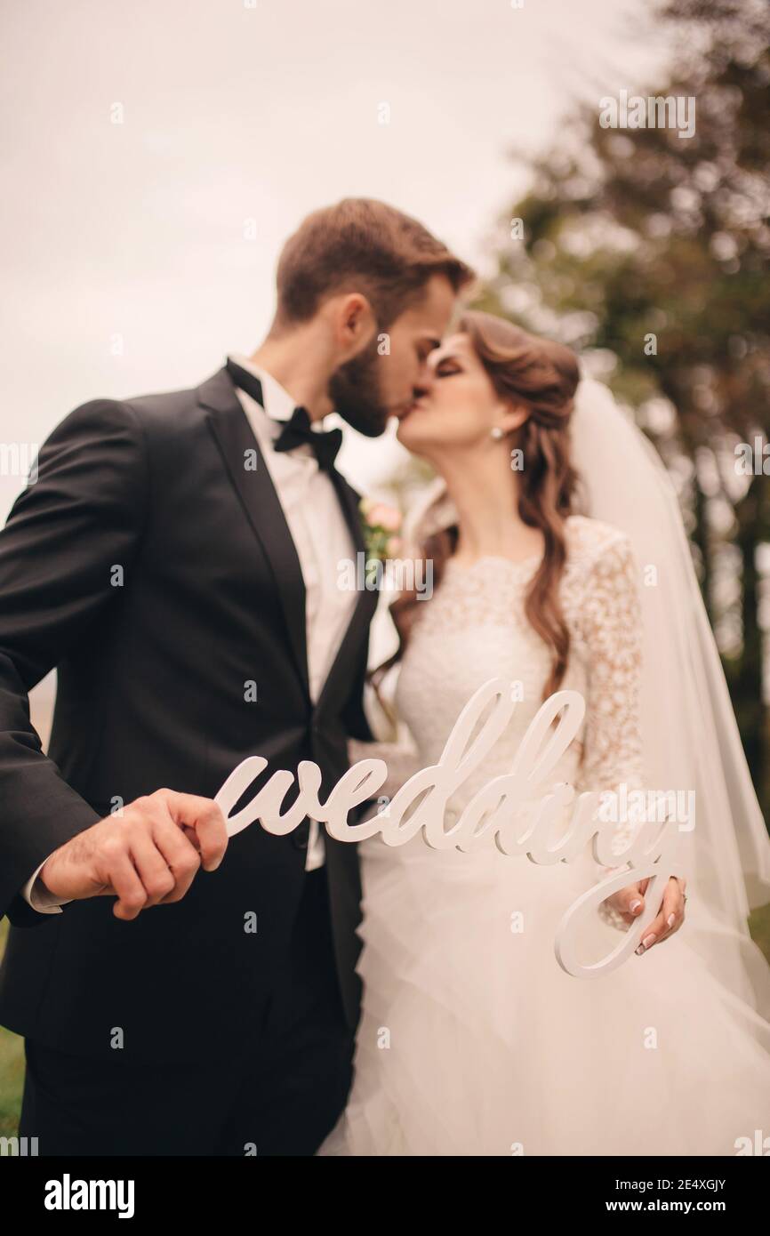 elegant stylish groom with his happy gorgeous brunette bride are ...