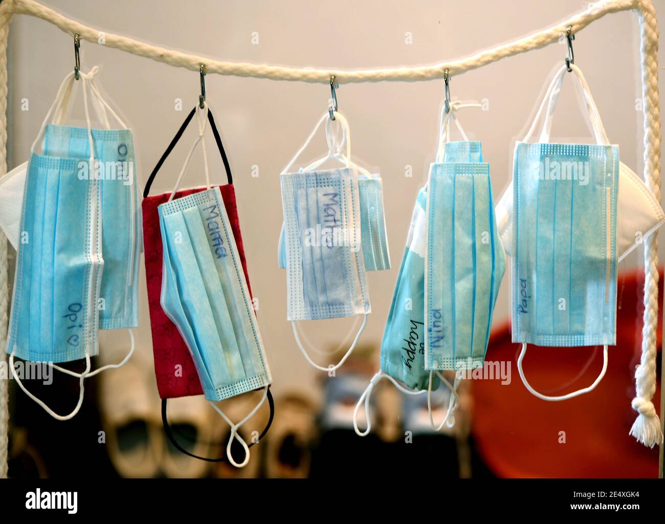 Leipzig, Germany. 23rd Jan, 2021. OP masks, FFP2 and fabric masks hang ...