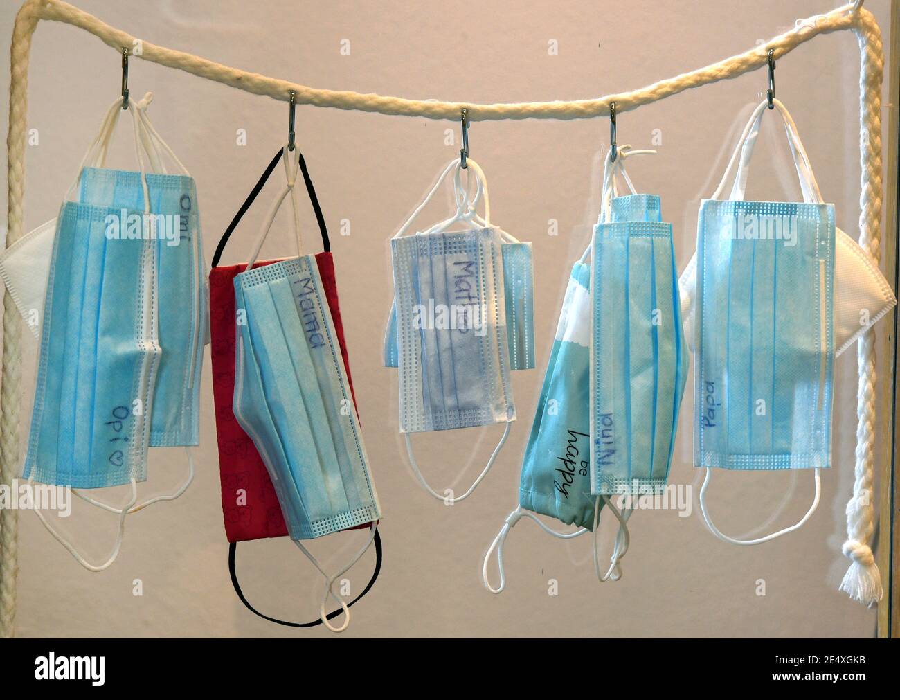 Leipzig, Germany. 23rd Jan, 2021. OP masks, FFP2 and fabric masks hang ...