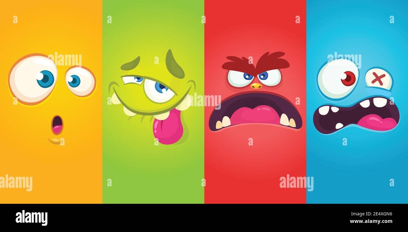 Cartoon monster faces set. Vector collection of four Halloween monster ...