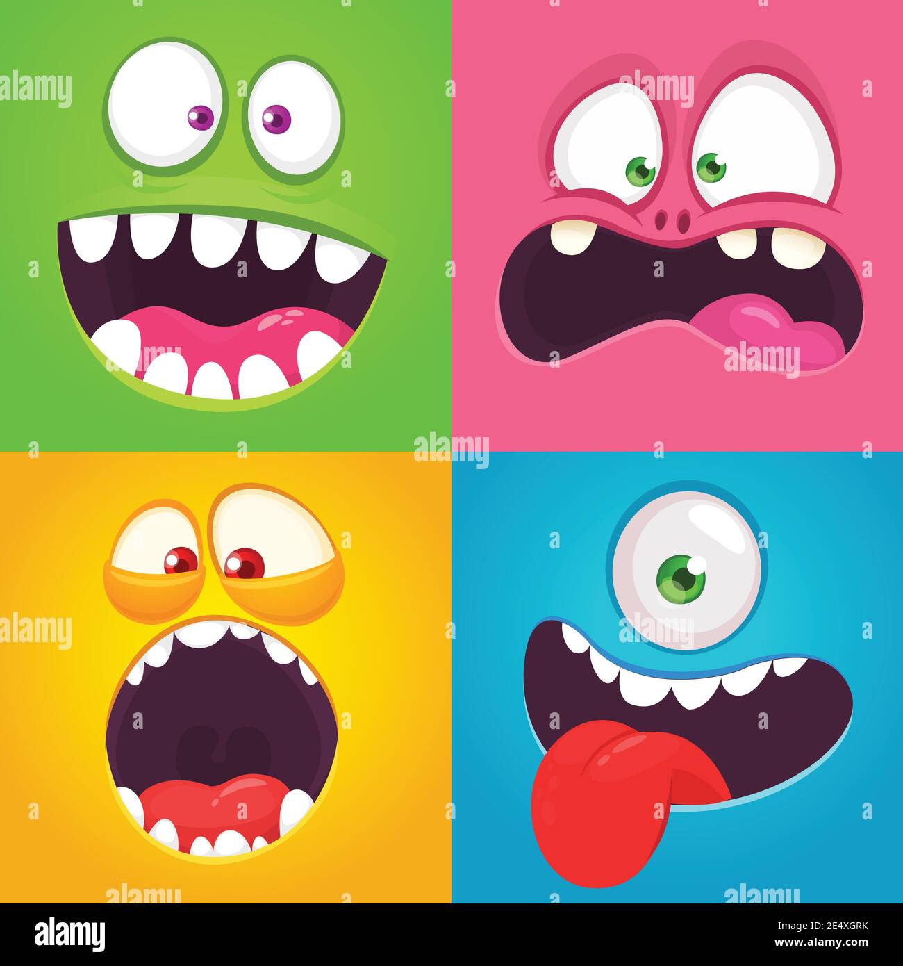 Cartoon monster faces set. Vector collection of four Halloween monster ...