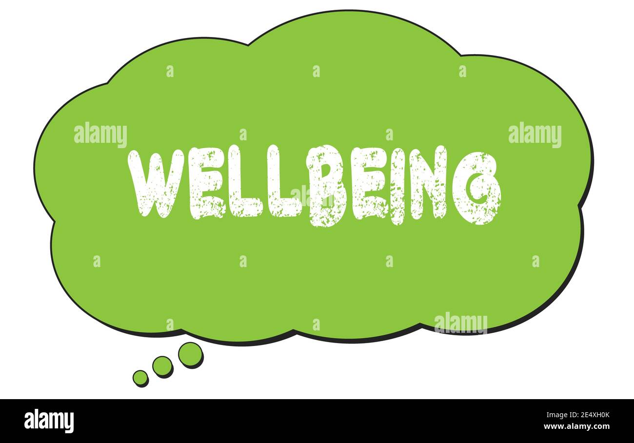 WELLBEING text written on a green thought cloud bubble Stock Photo - Alamy