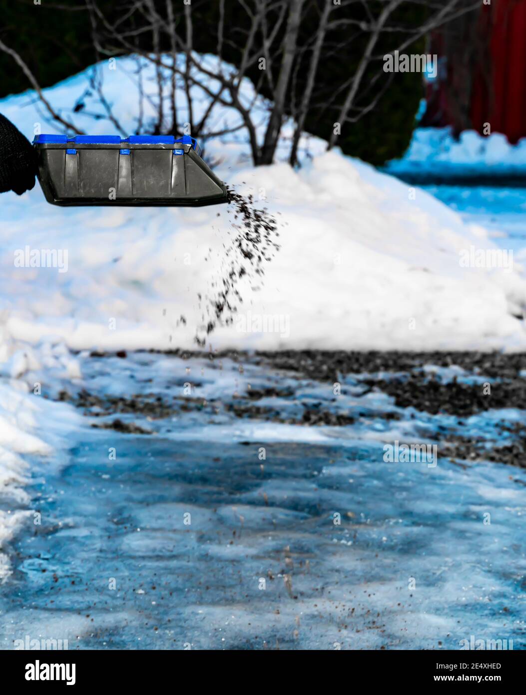 Hand strewing gravel onto a frozen driveway on a cold winters day Stock ...