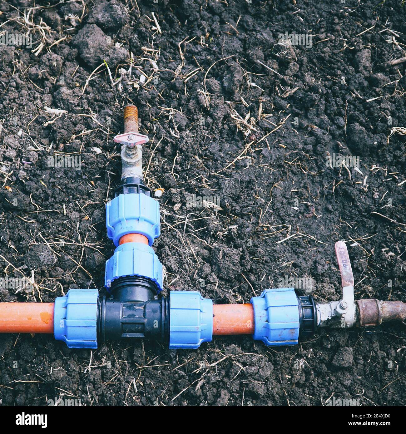 Connection of HDPE plastic water pipes in a garden plot Stock Photo - Alamy