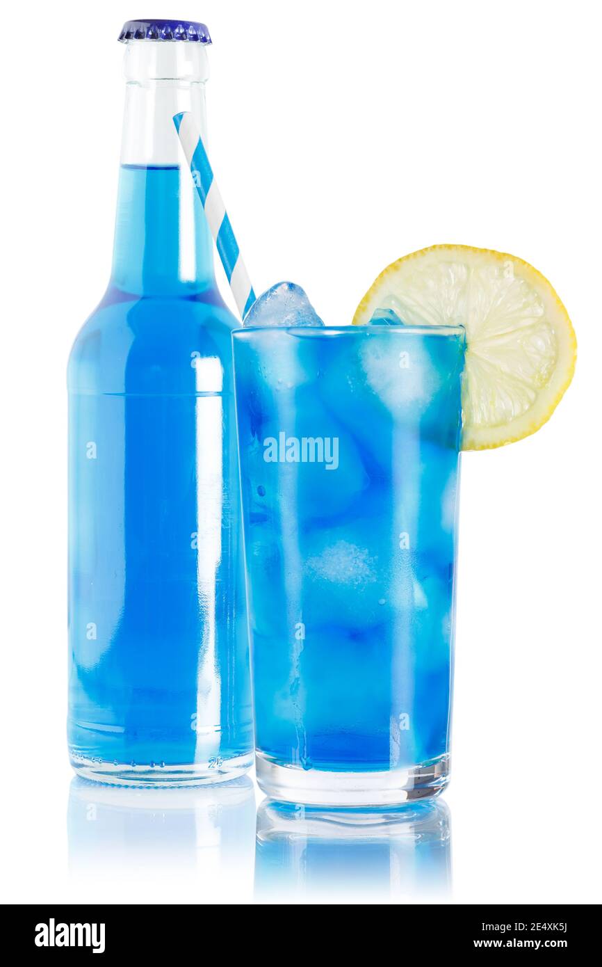 Blue soda bottle and glass lemonade soft drink beverage isolated on a ...