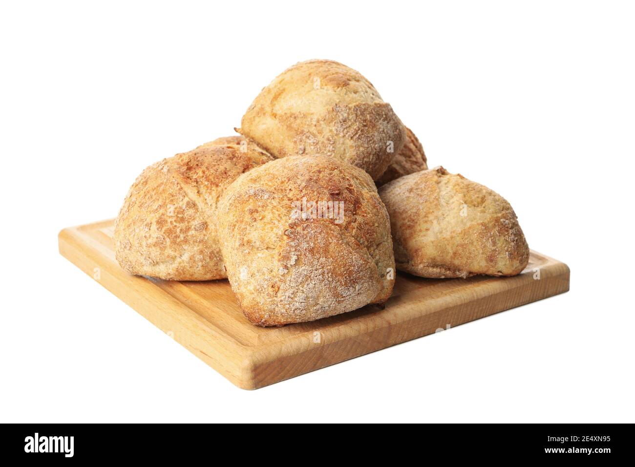 Board with fresh baked buns isolated on white background Stock Photo ...