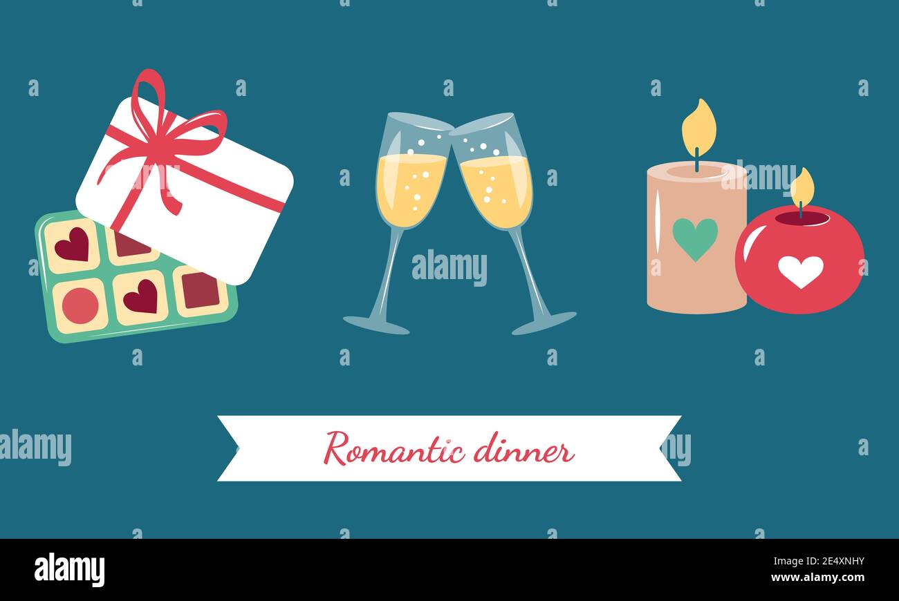 Simple multicolored icons for romantic dinner, date, valentine's day ...