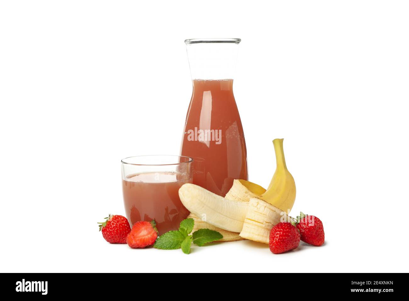 Jug - bottle and glass with strawberry - banana juice isolated on white ...