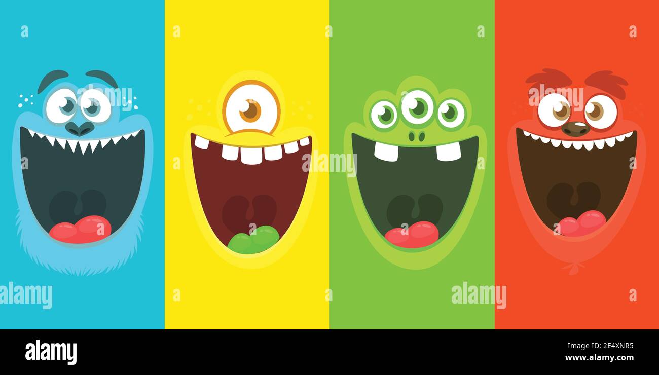 Cartoon monster faces set. Vector collection of four Halloween monster ...