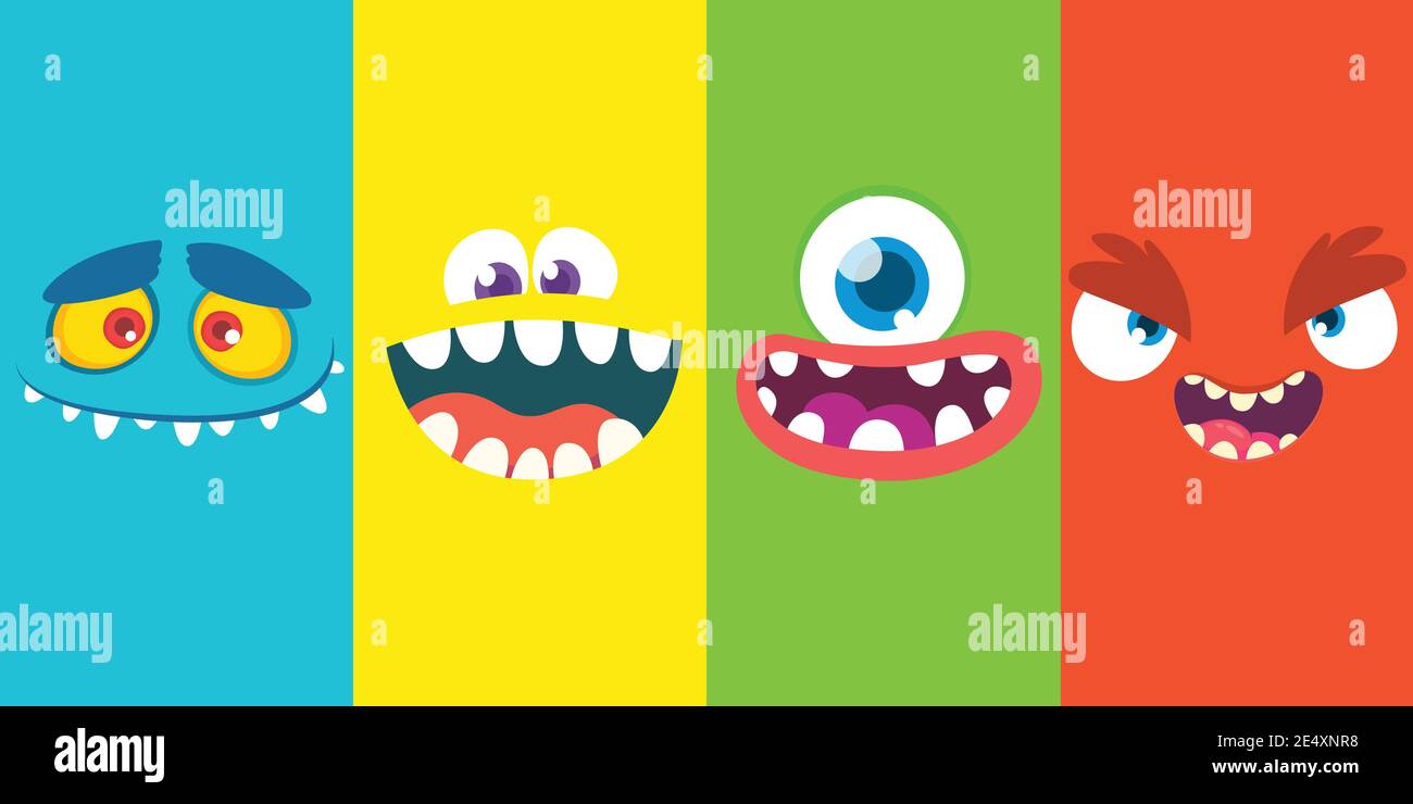 Cartoon monster faces set. Vector collection of four Halloween monster ...