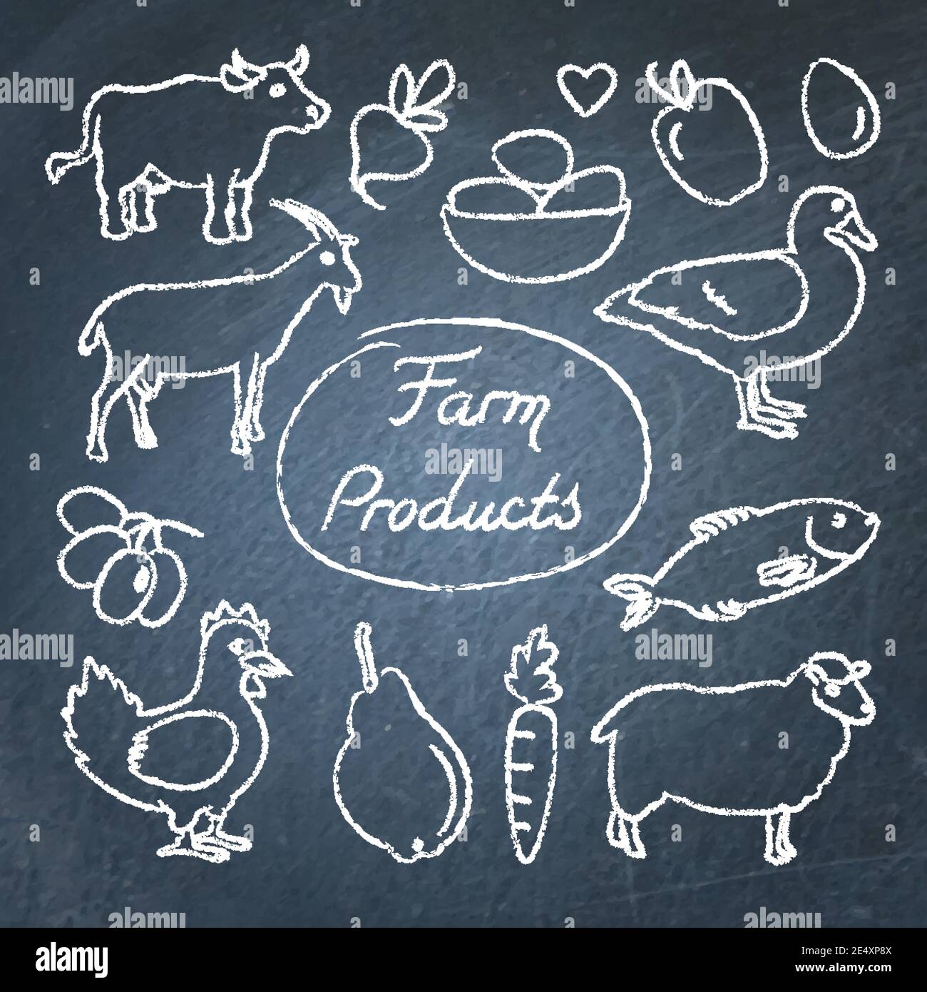 Set of farm food icons in sketch style on chalkboard. Hand drawn ...