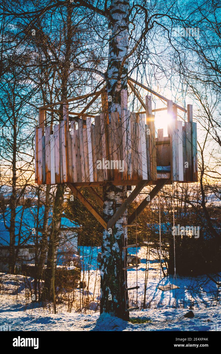Tree house in a large tree with swing and ladder Stock Photo - Alamy