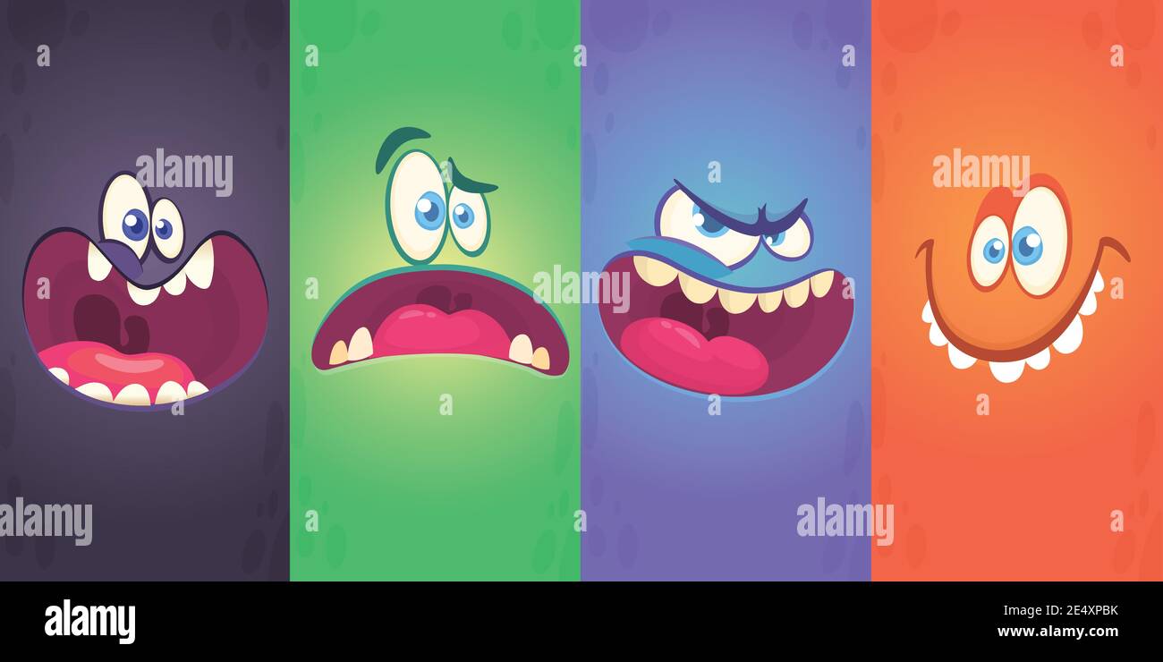 Cartoon monster faces set. Vector collection of four Halloween monster ...