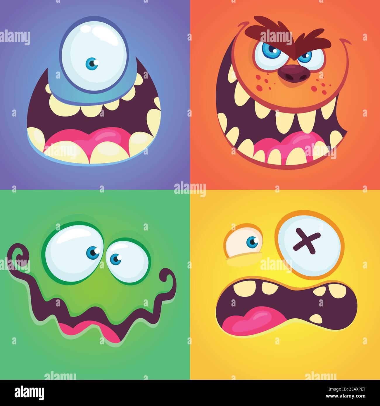 Cartoon monster faces set. Vector collection of four Halloween monster ...