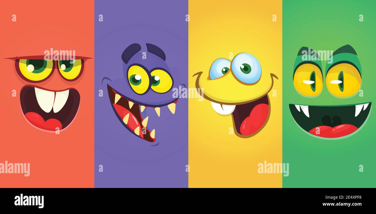 Cartoon monster faces set. Vector collection of four Halloween monster ...