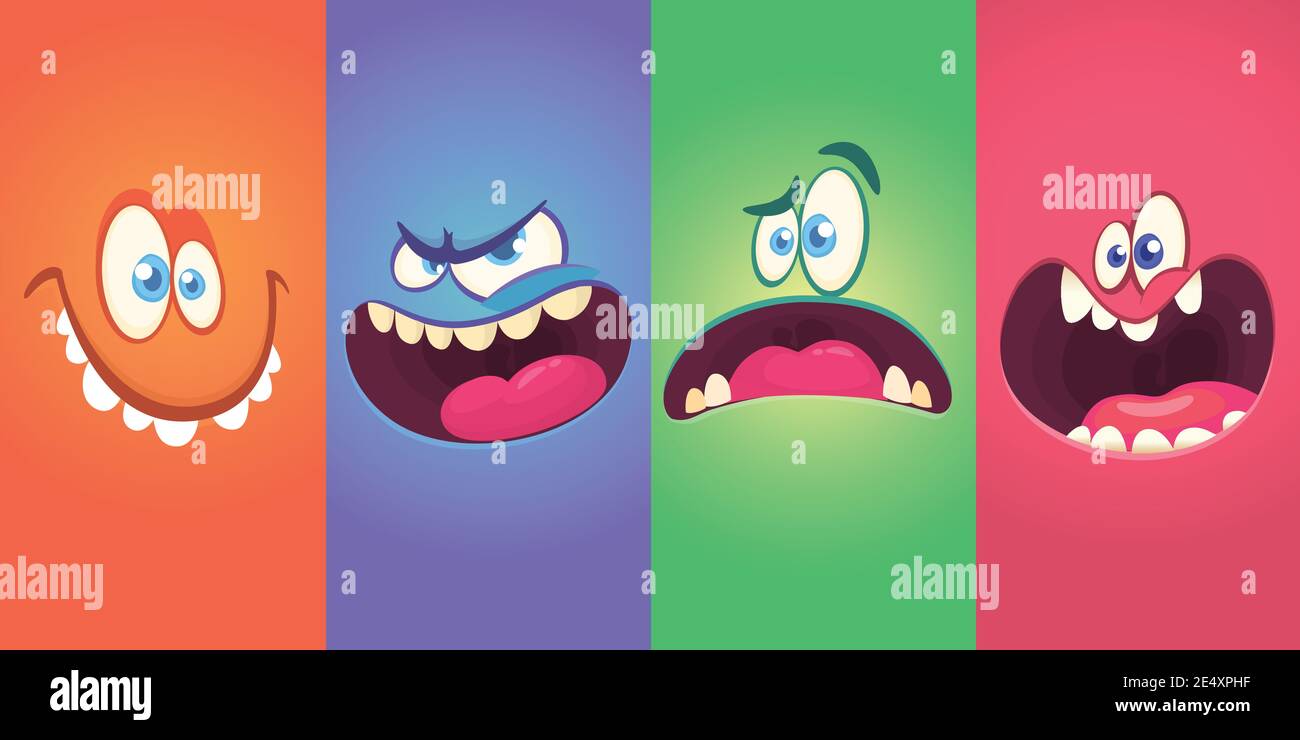 Cartoon monster faces set. Vector collection of four Halloween monster ...