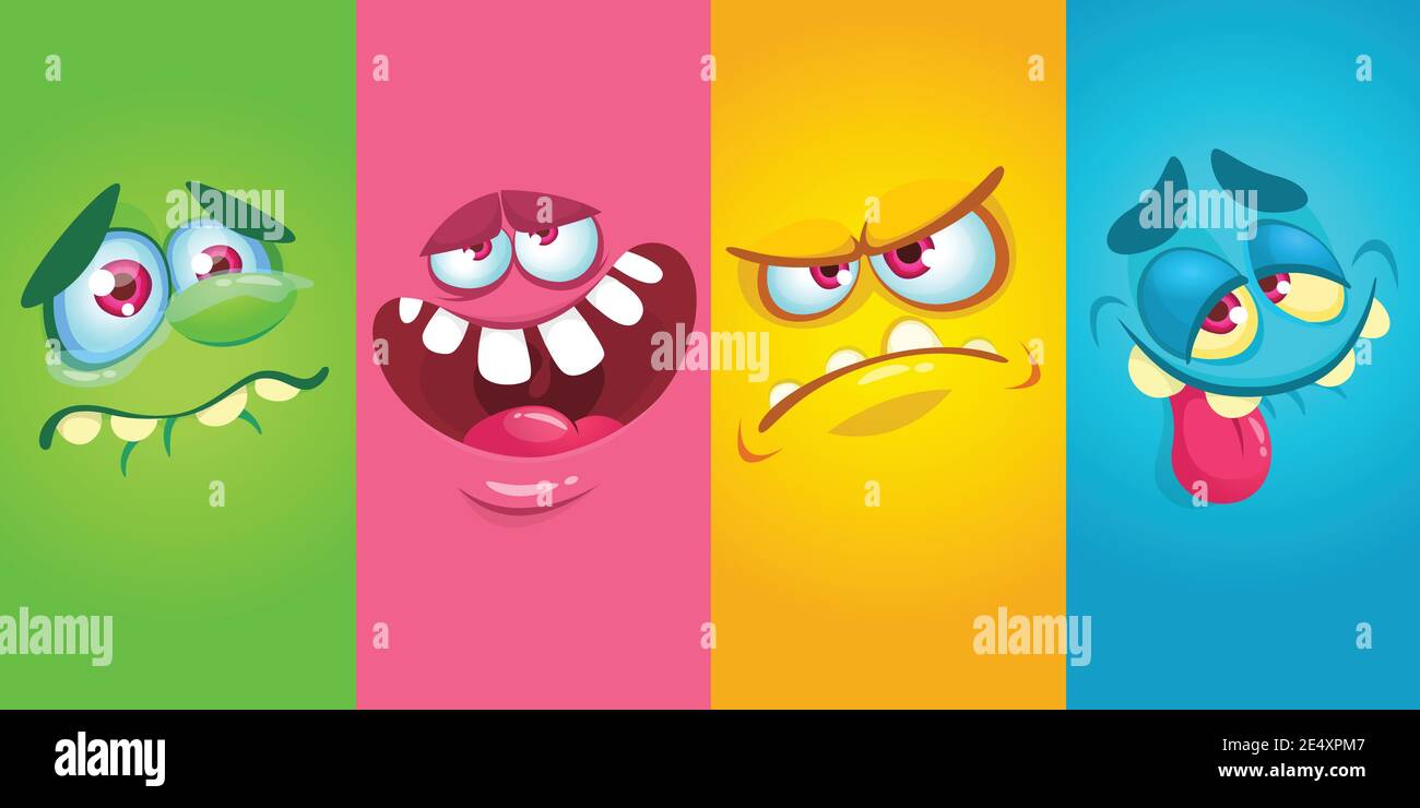 Cartoon monster faces set. Vector collection of four Halloween monster ...