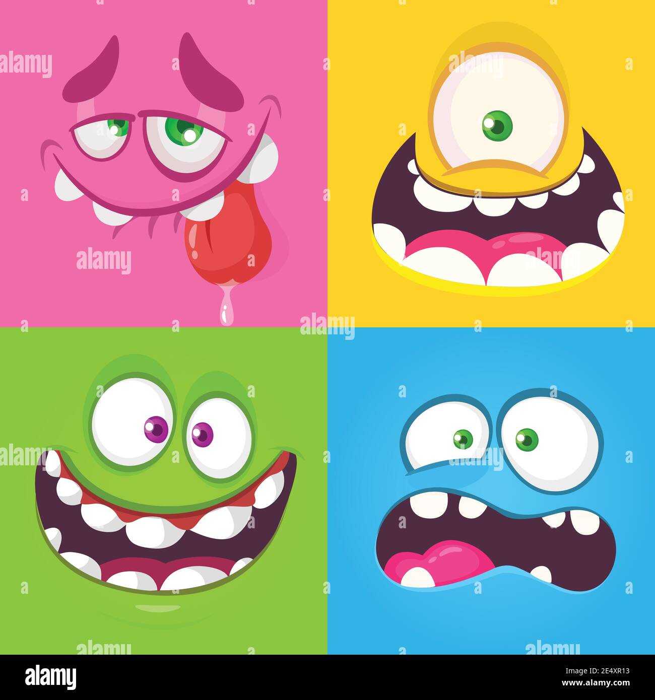 Cartoon monster faces set. Vector collection of four Halloween monster ...