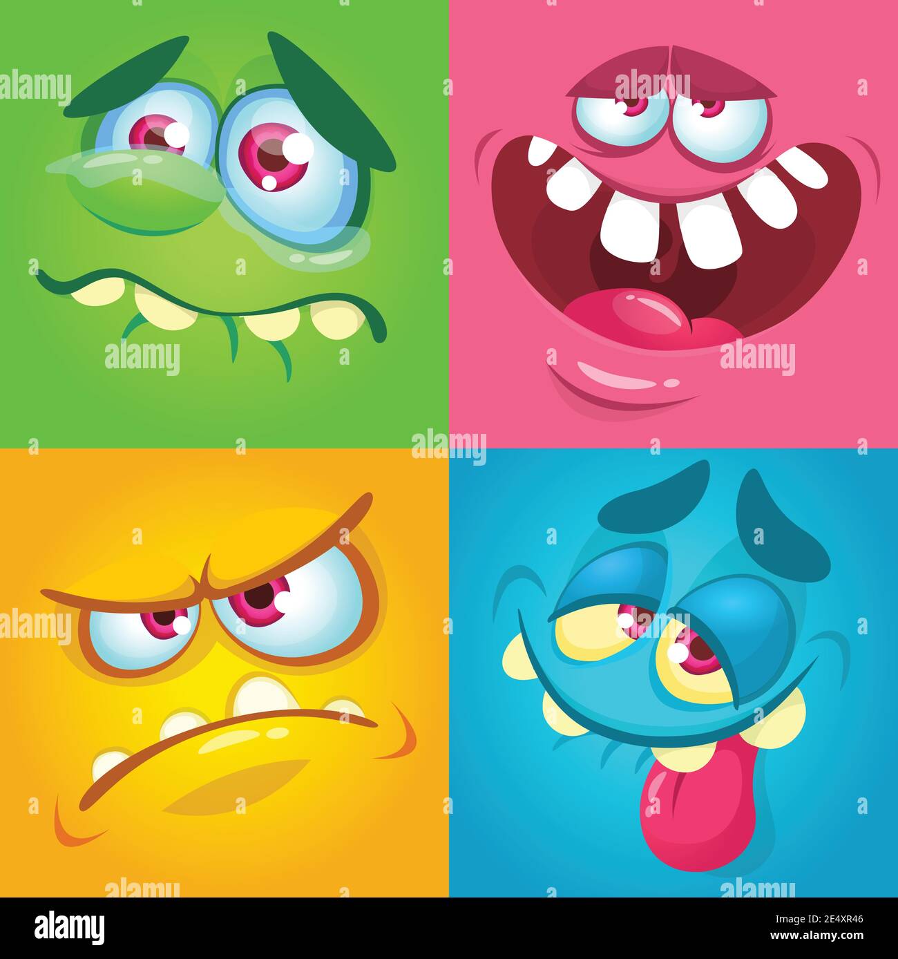 Cartoon monster faces set. Vector collection of four Halloween monster ...