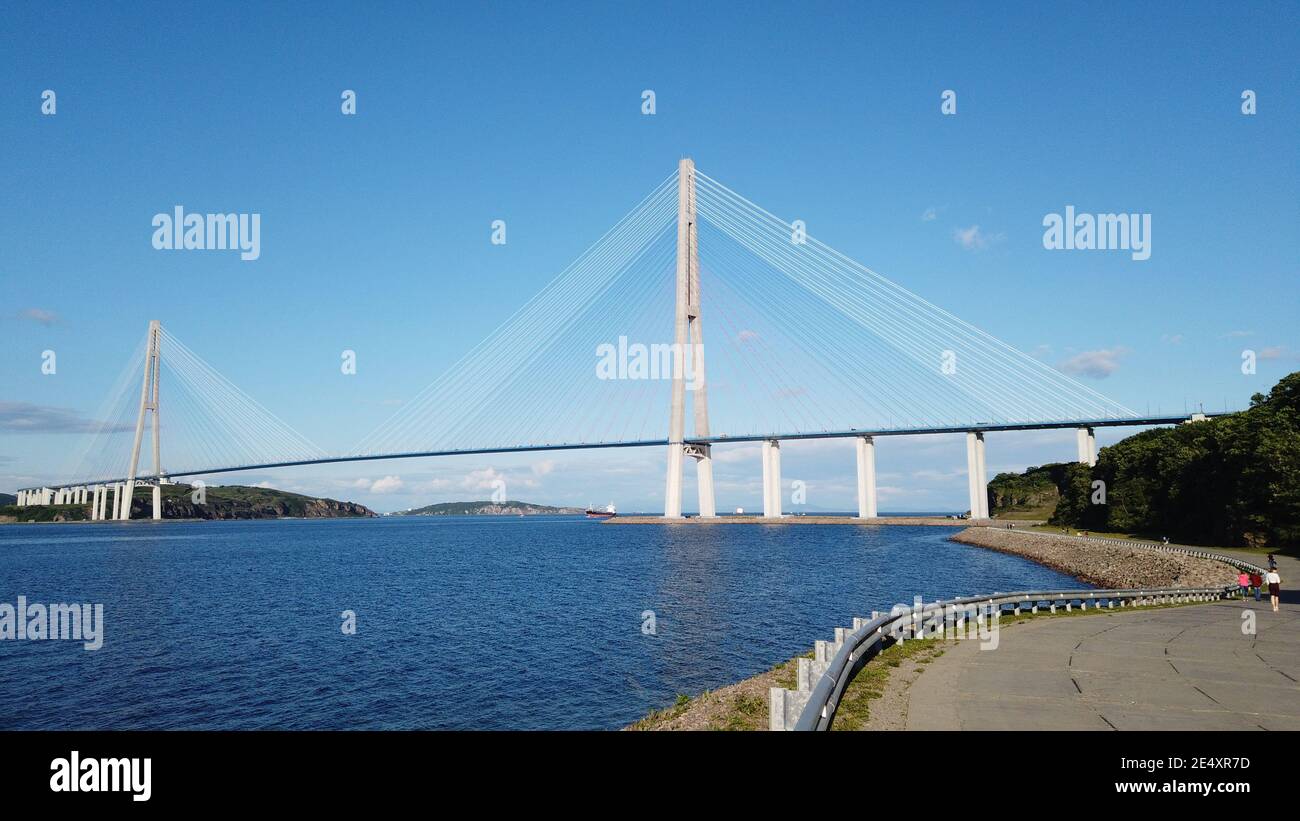 Seascape with a view of the Russian bridge. Vladivostok, Primorsky Krai ...