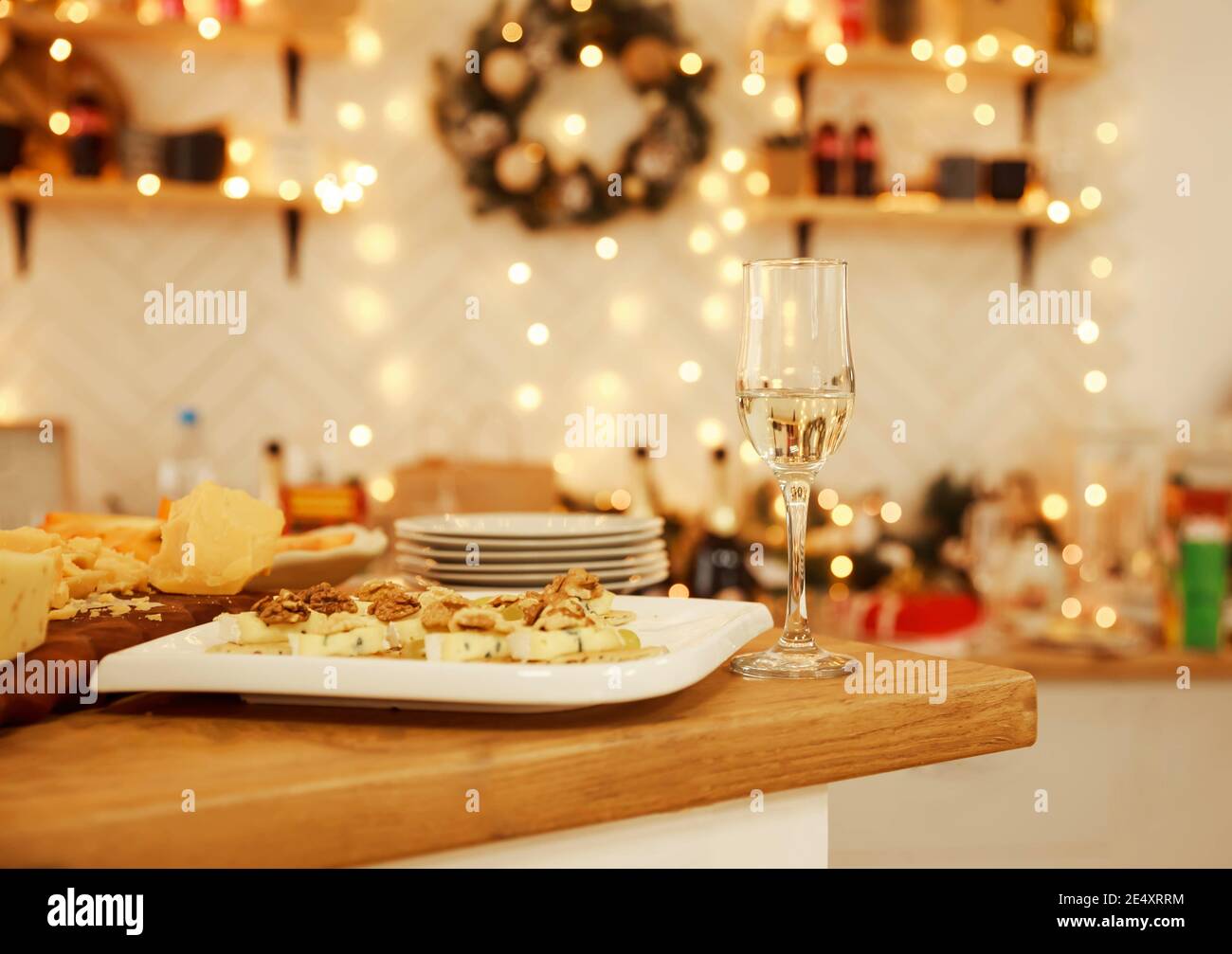 Still life on rustic table. French food tasting party or feast scenery ...