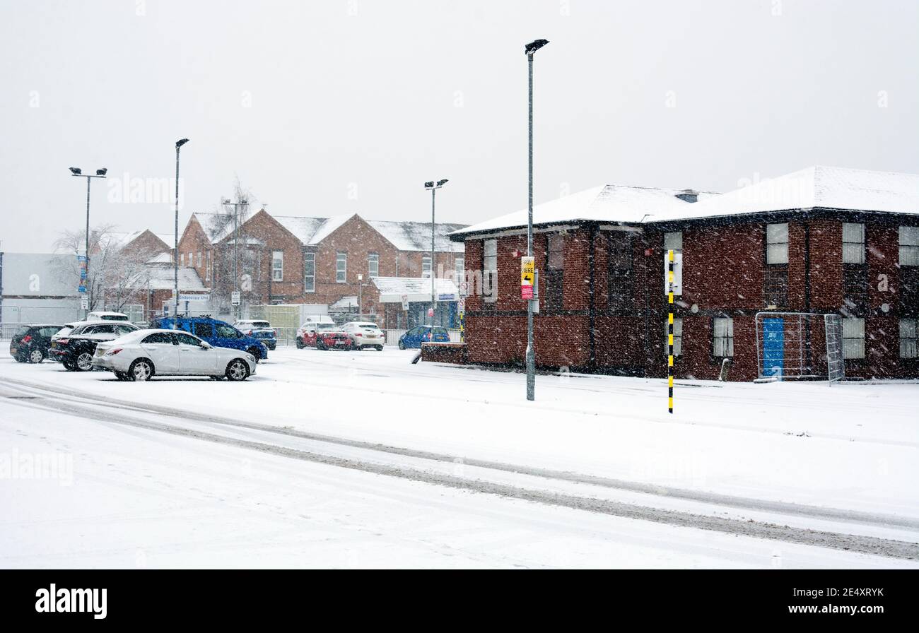 Warwick Hospital in snowy weather, Warwickshire, England, UK Stock ...