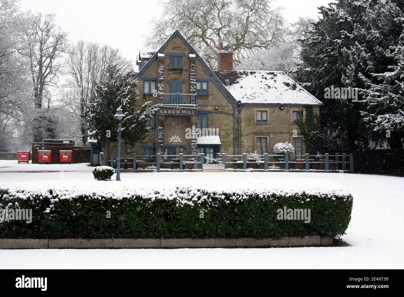 The Saxon Mill restaurant in snowy weather, Warwick, Warwickshire ...