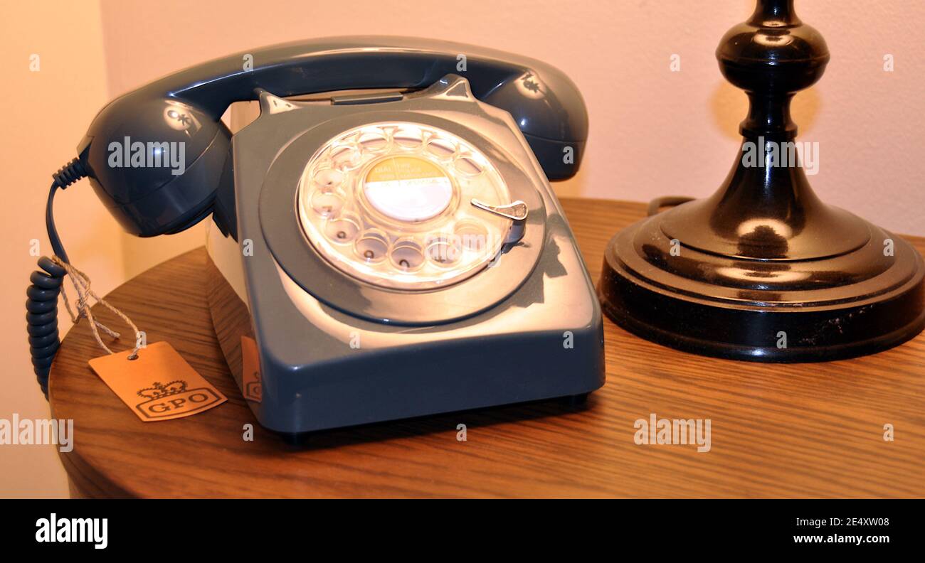Retro UK 1970s Telephone on Wooden Desk Stock Photo - Alamy