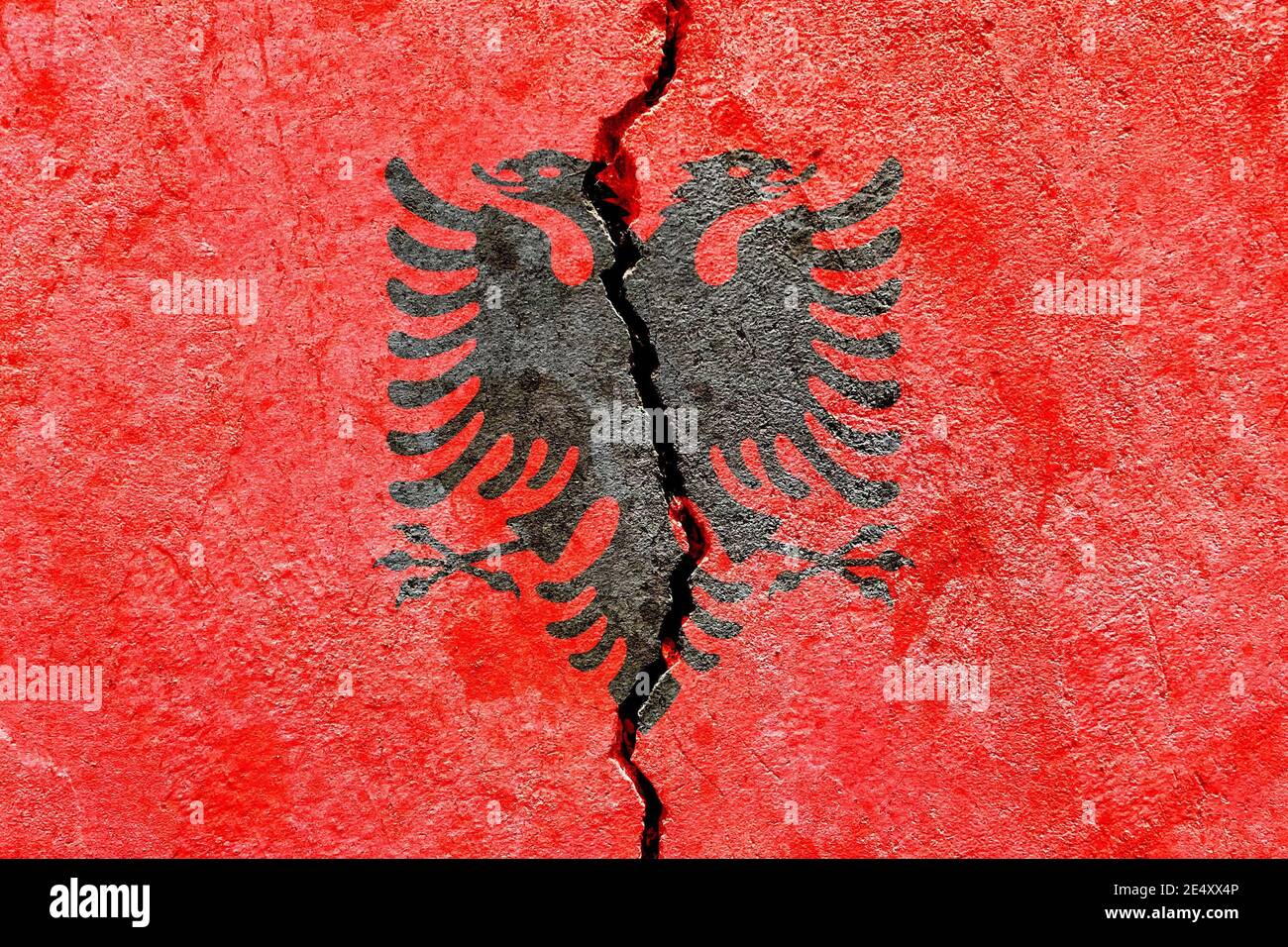 National flag of Albania pattern isolated on broken weathered cracked ...