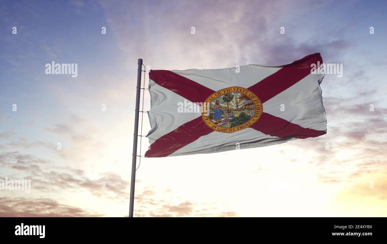 State flag of Florida waving in the wind. Dramatic sky background. 3d ...