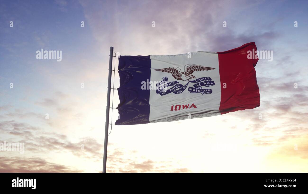 State flag of Iowa waving in the wind. Dramatic sky background. 3d ...