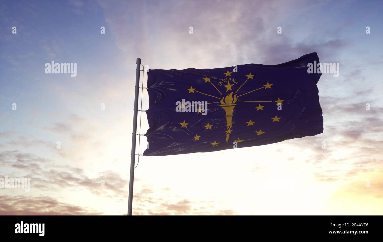 State flag of Indiana waving in the wind. Dramatic sky background. 3d ...