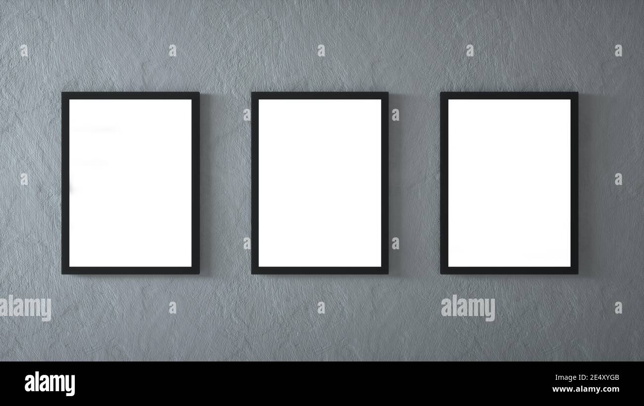 Gallery interior with three empty frames on wall. 3d rendering Stock ...