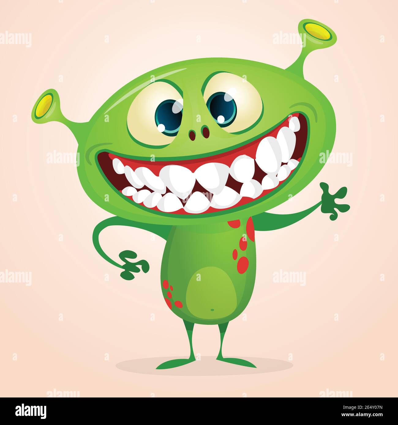 Scared cartoon green alien waving. Vector cute monster mascot ...