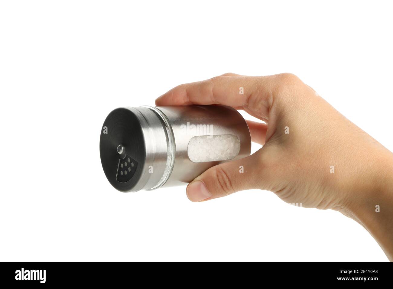 Female hand hold salt shaker, isolated on white background Stock Photo ...