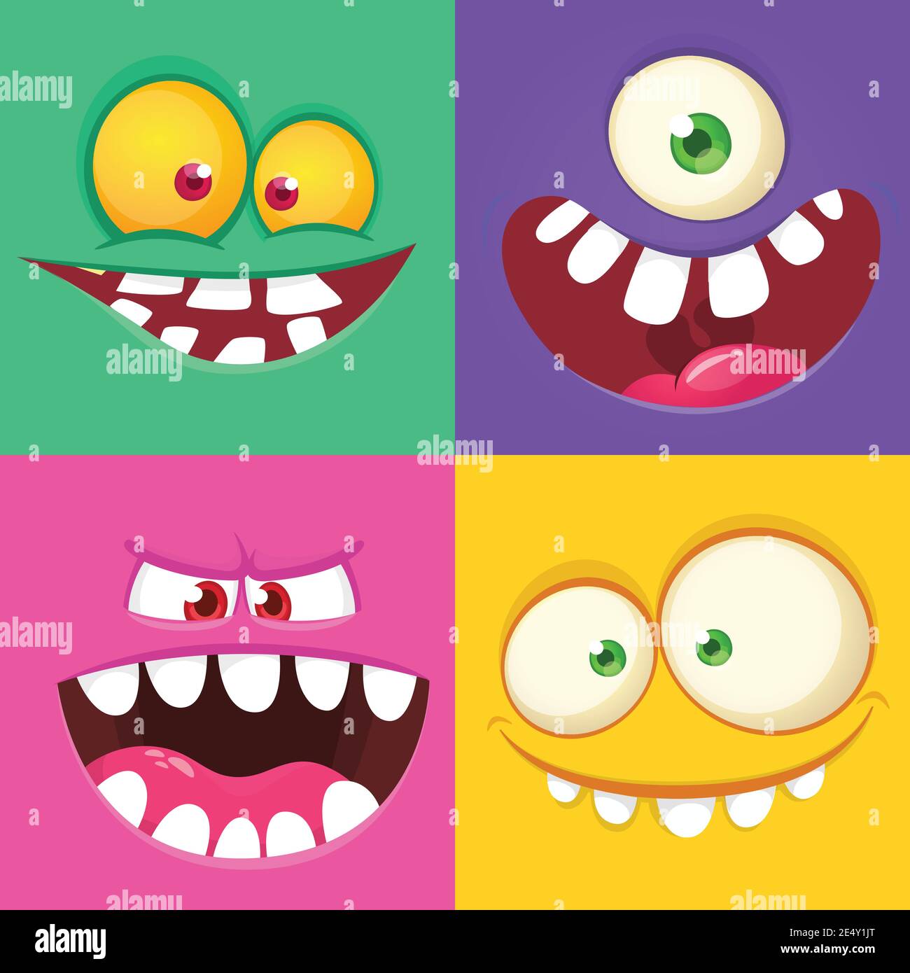 Cartoon monster faces set. Vector collection of four Halloween monster ...