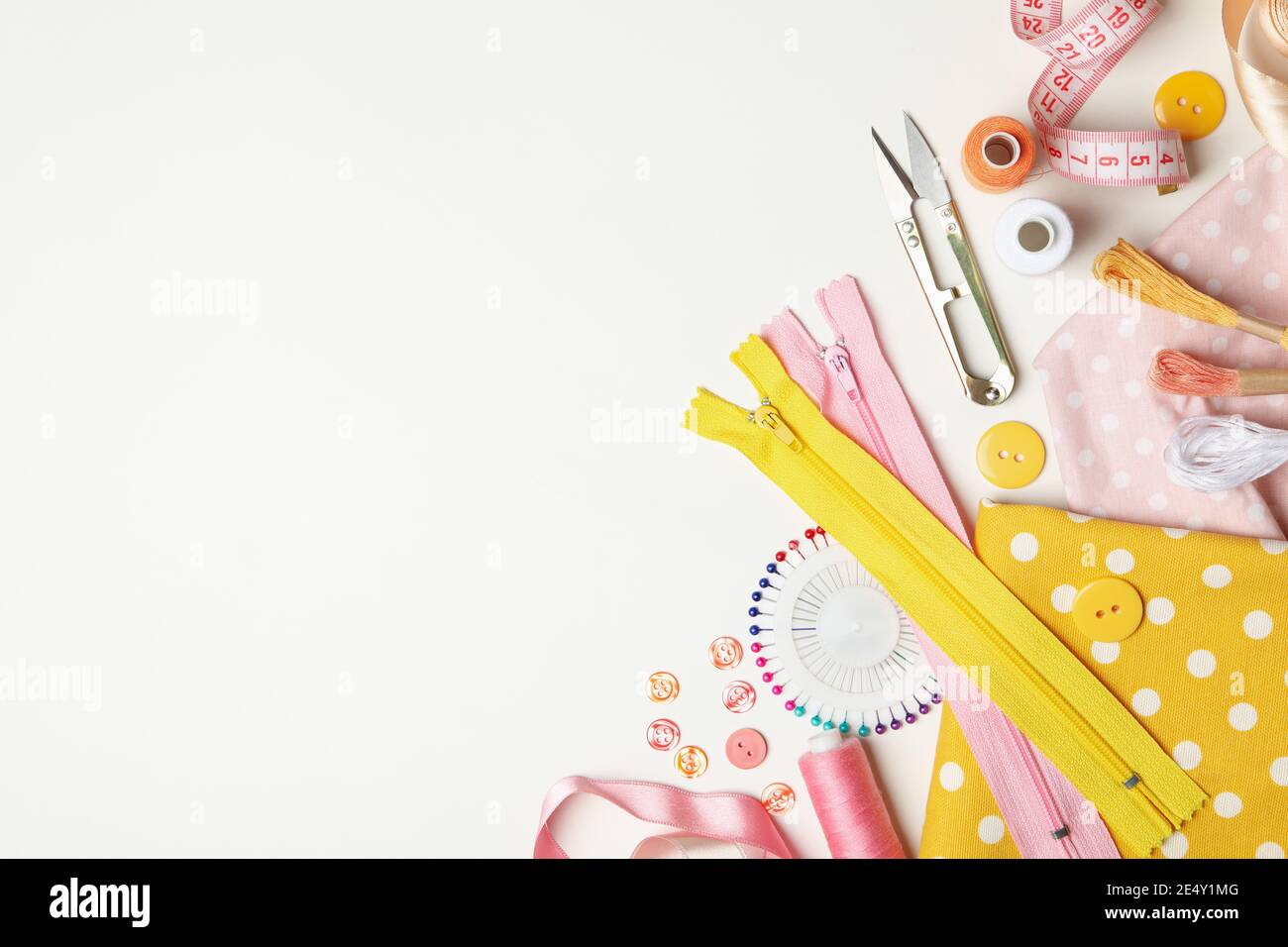 Sewing supplies on white background, space for text Stock Photo - Alamy
