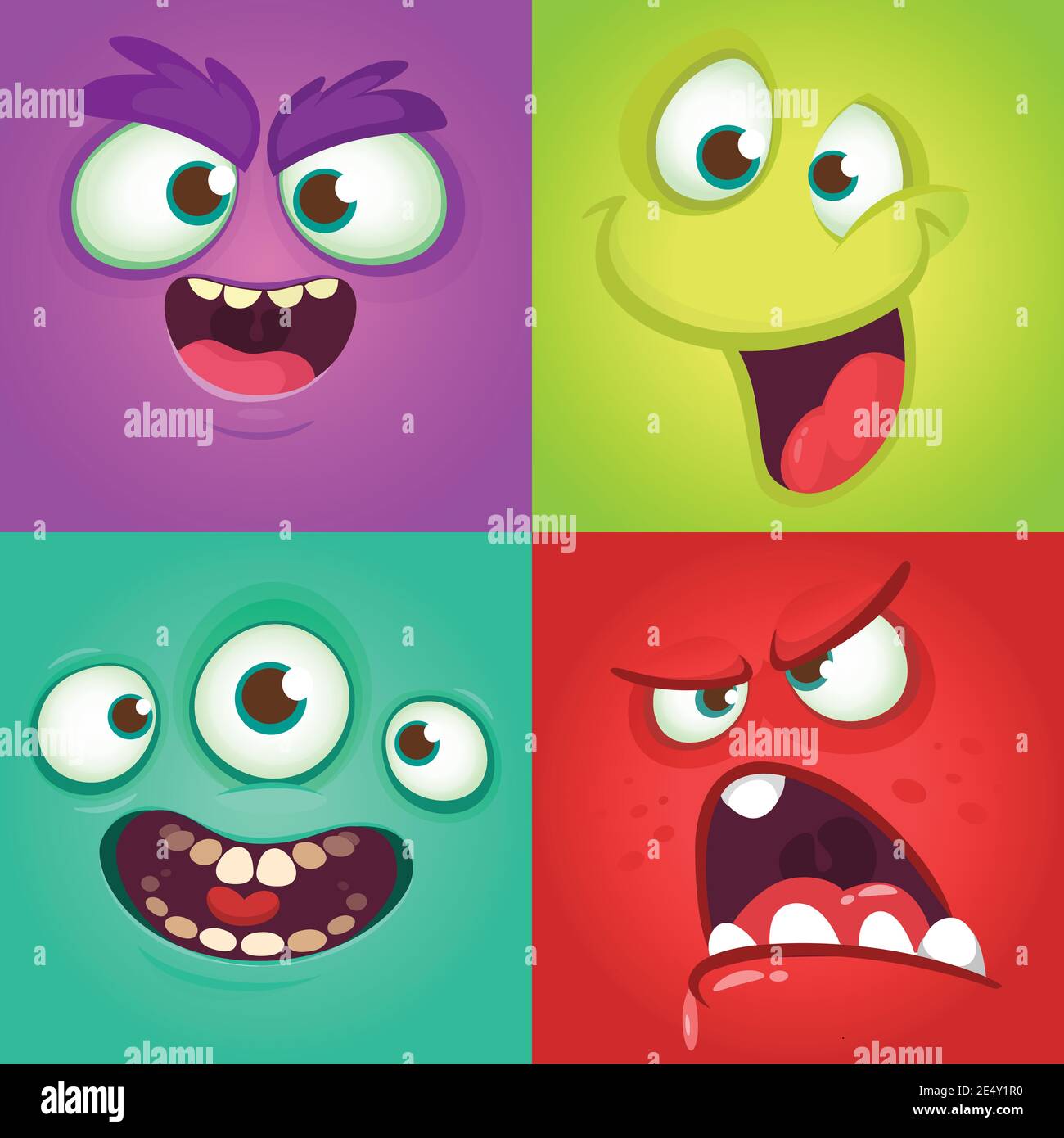 Cartoon monster faces set. Vector collection of four Halloween monster ...
