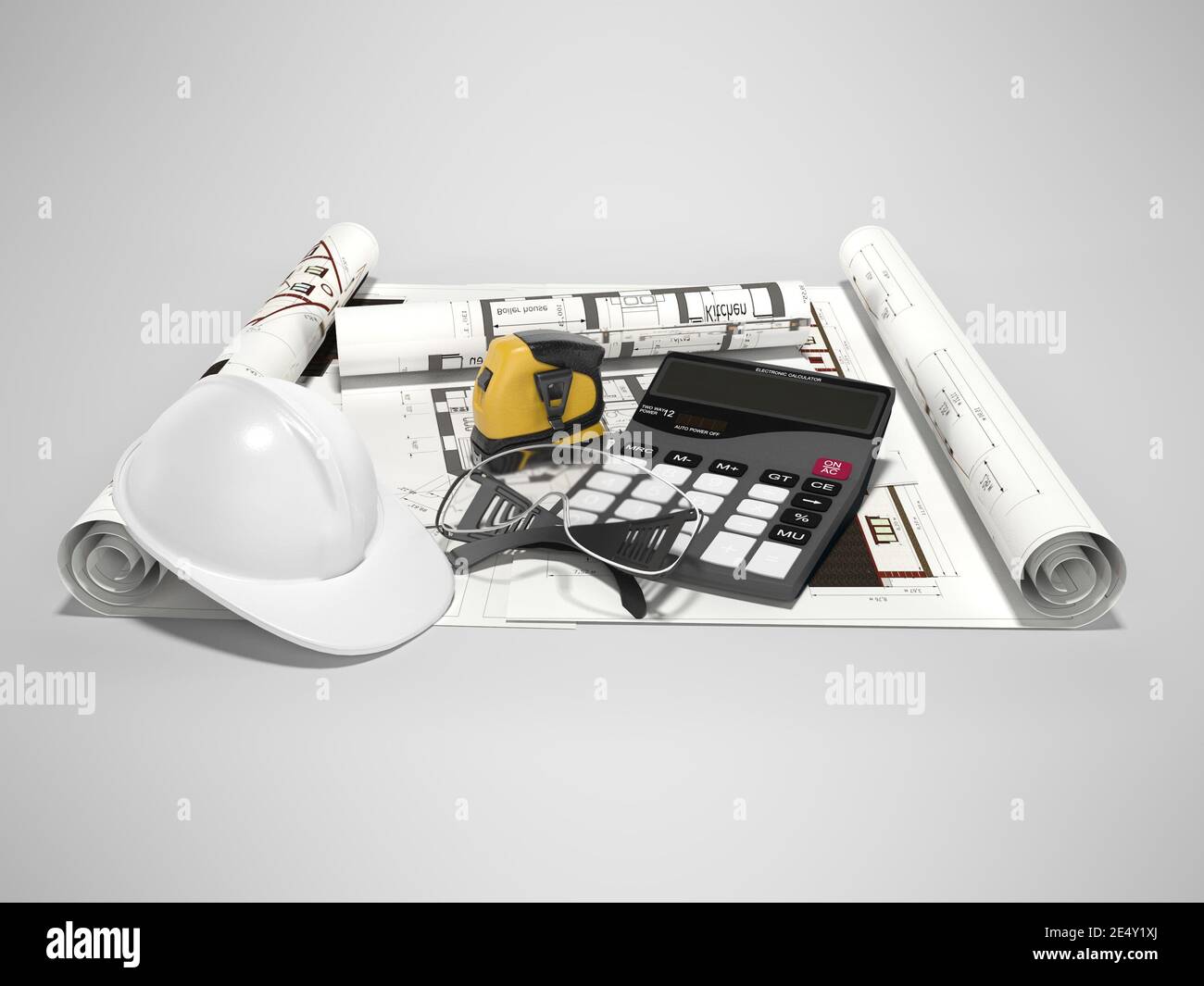 3d rendering concept of construction drawings with calculator and an ...