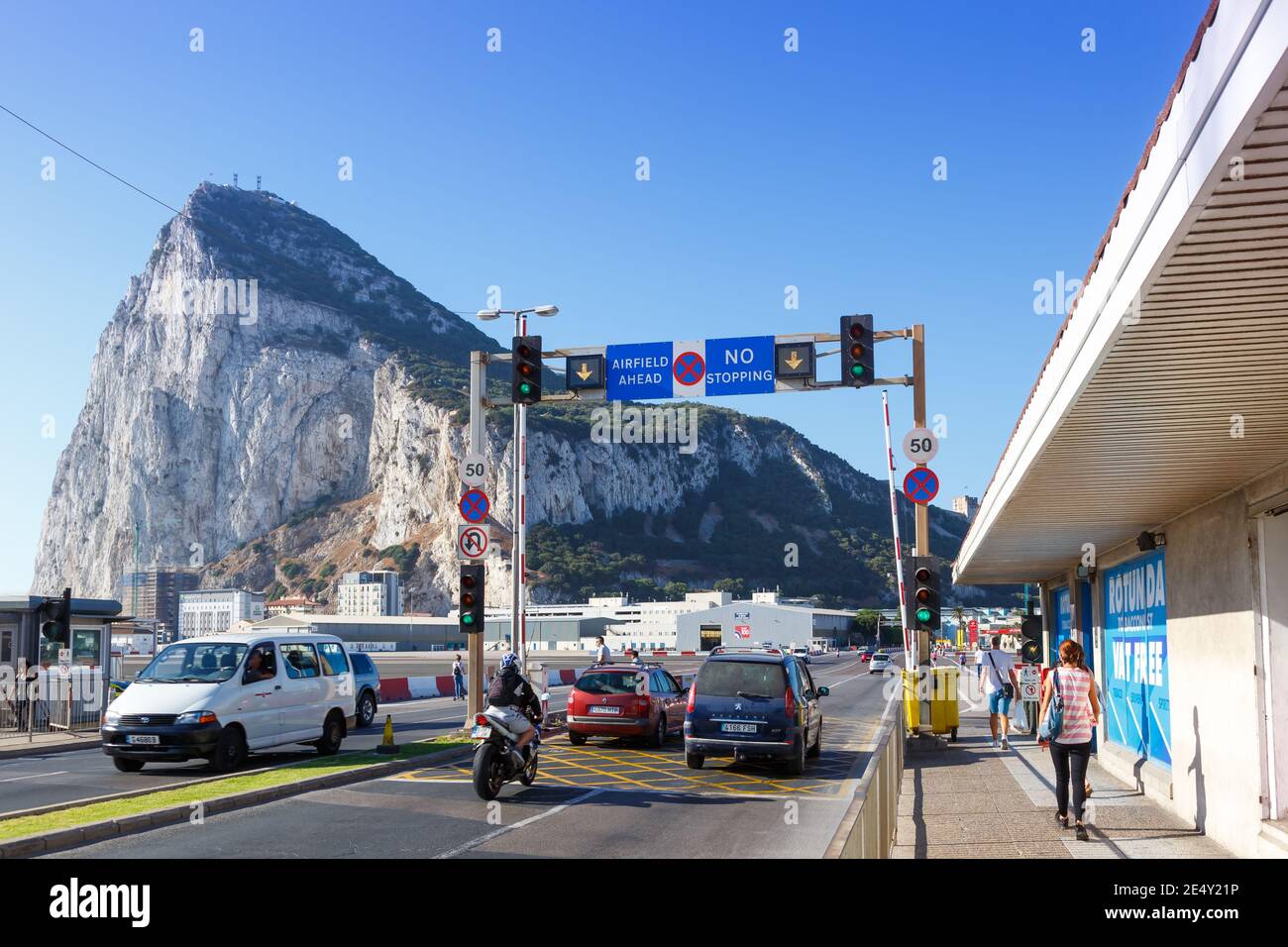 Gibraltar – July 30, 2018: Road with traffic lights in front of the ...