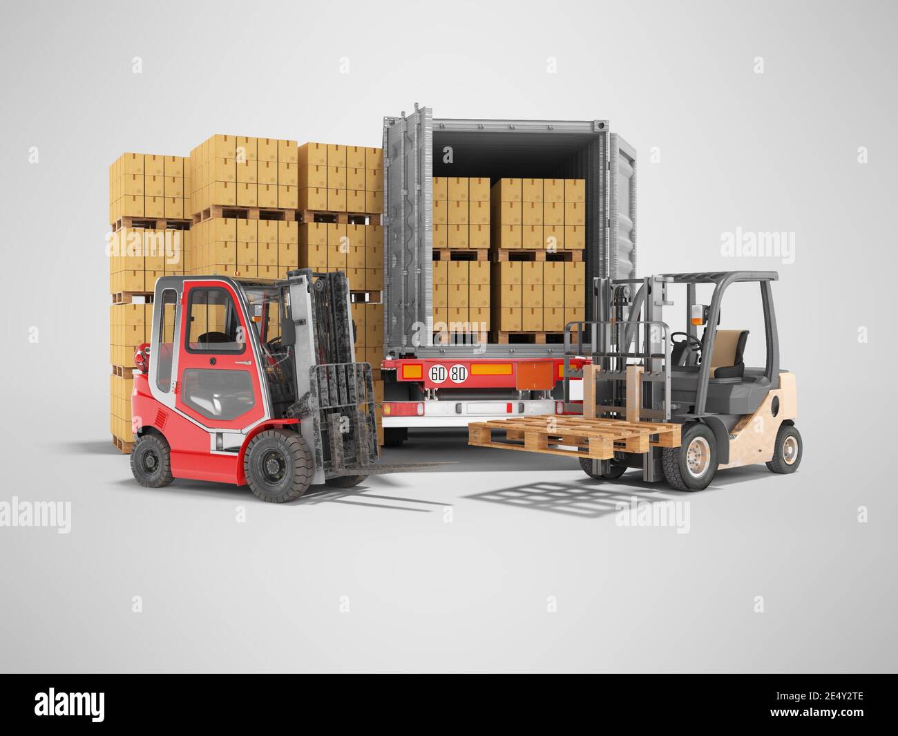3d rendering group of forklift truck loading boxes on pallets into ...