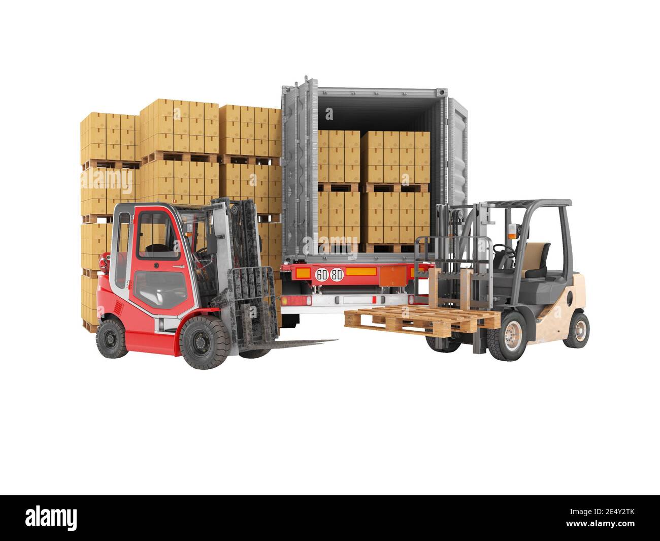 3d rendering group of forklift truck loading boxes on pallets into ...