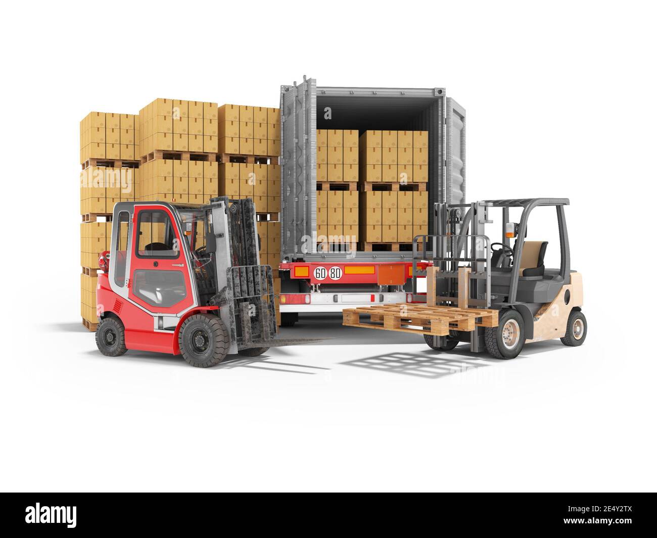 3d rendering group of forklift truck loading boxes on pallets into truck on white background ...